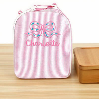 Custom Lunch Box with Bow Embroidery Seersucker Insulated Lunch Bag ...