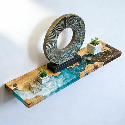 Striking Artisanal Resin Wood Floating Shelf White-Blue-Brown Ombre ...