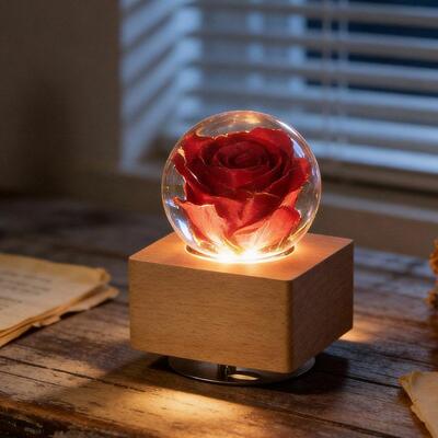 Artisanal Eternal Rose Resin Lamp - Rotating Music Box Lamp - Reslol