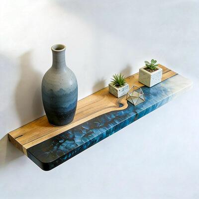 Artisanal White-Blue Gradient Resin Wood Floating Shelf, Walnut Living ...