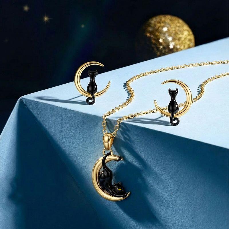 Jeulia Black Cat and Moon Gold Stud Earrings - Jeulia Jewelry