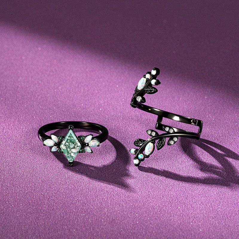 Jeulia Leaf Bypass Rhombus Cut Moss Agate Opal Bridal Set 2PCS - Jeulia ...