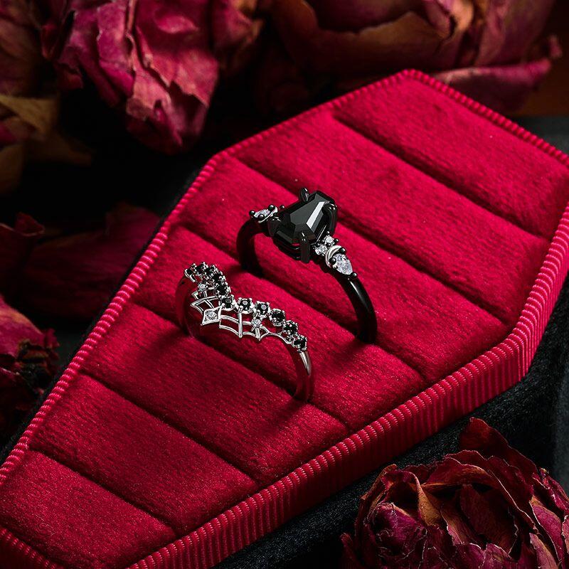 Jeulia Two Tone Moon Spider Web and Coffin Ring Set - Jeulia Jewelry