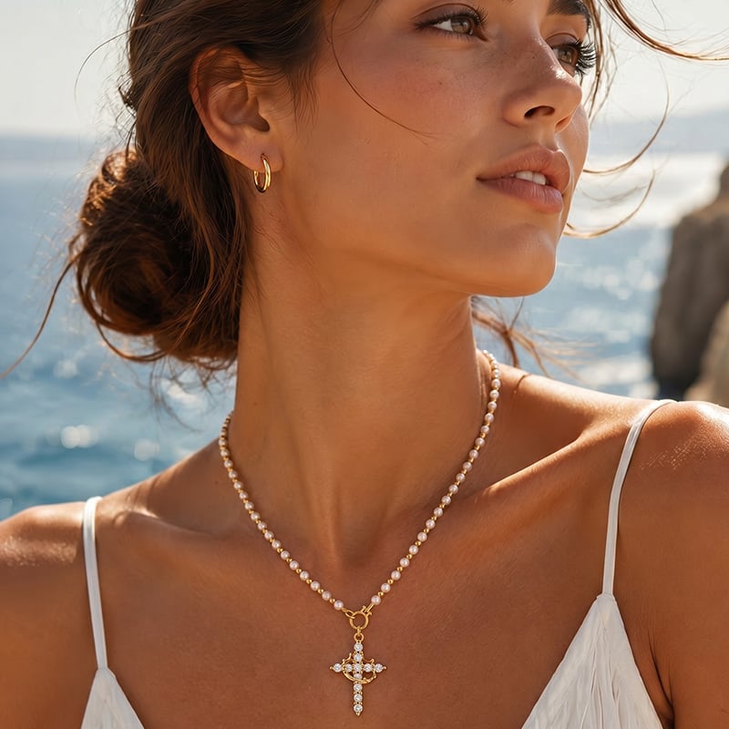 Jeulia Gold Pearl Chain Cross and Crown Necklace - Jeulia Jewelry