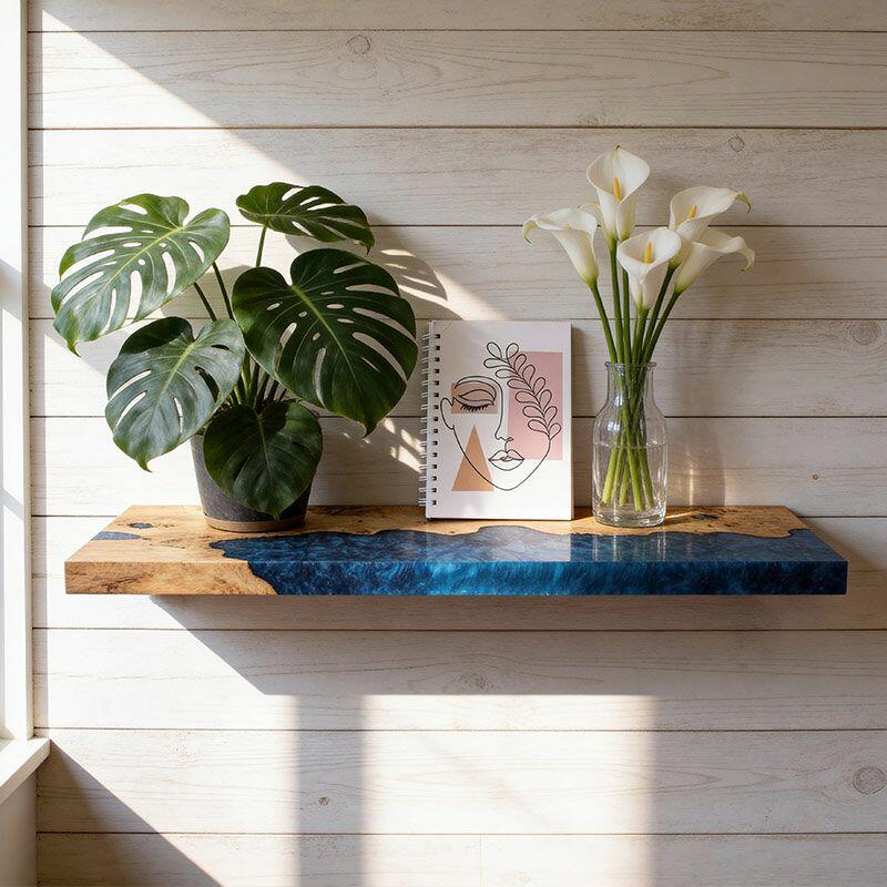 Unique Artisanal Blue Resin Wood Floating Shelf Reslol Home Decor - Reslol