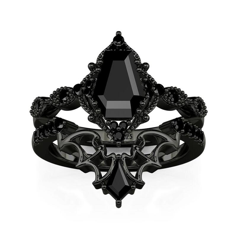 Jeulia Gothic Black Bat Wings Coffin Ring Set - Jeulia Jewelry