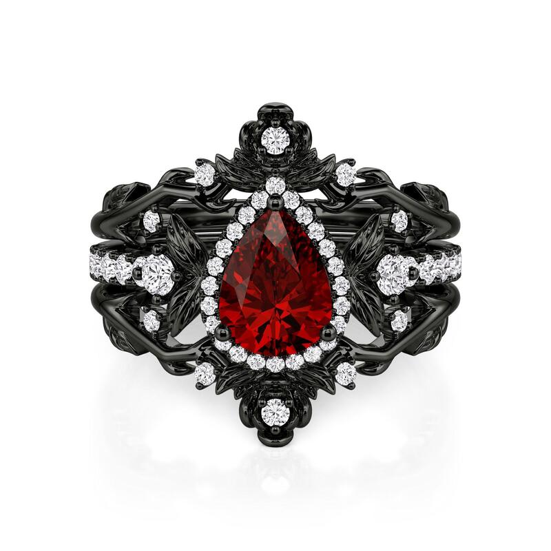 Jeulia Gothic Black Floral Pear Cut Engagement Ring Set - Jeulia Jewelry