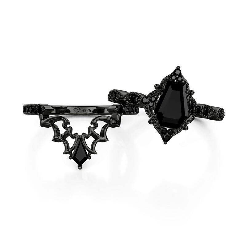Jeulia Gothic Black Bat Wings Coffin Ring Set - Jeulia Jewelry