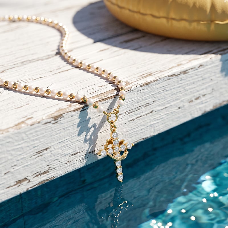 Jeulia Gold Pearl Chain Cross and Crown Necklace - Jeulia Jewelry