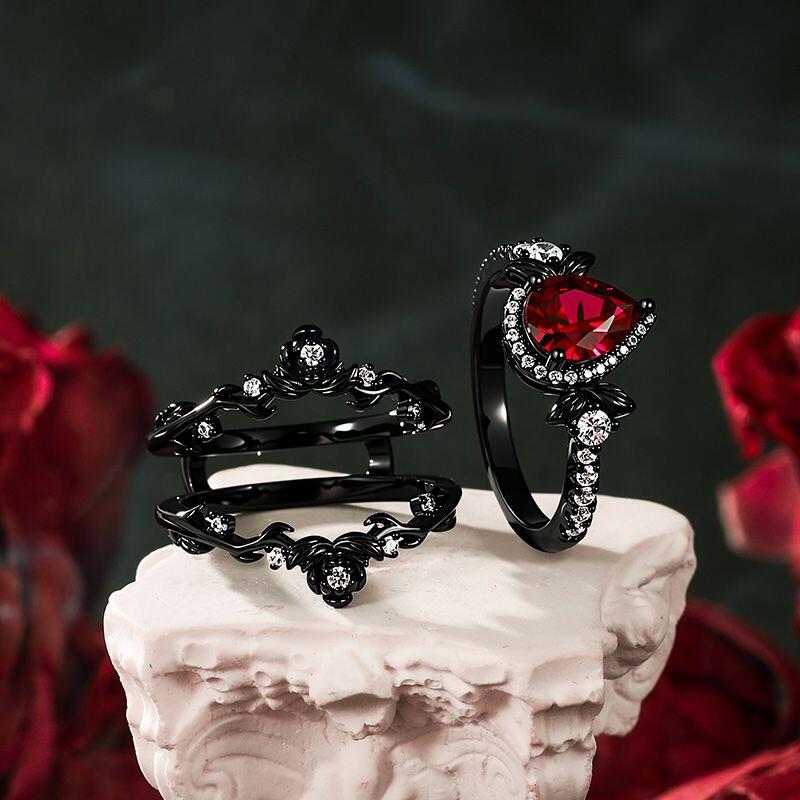 Jeulia Gothic Black Floral Pear Cut Engagement Ring Set - Jeulia Jewelry