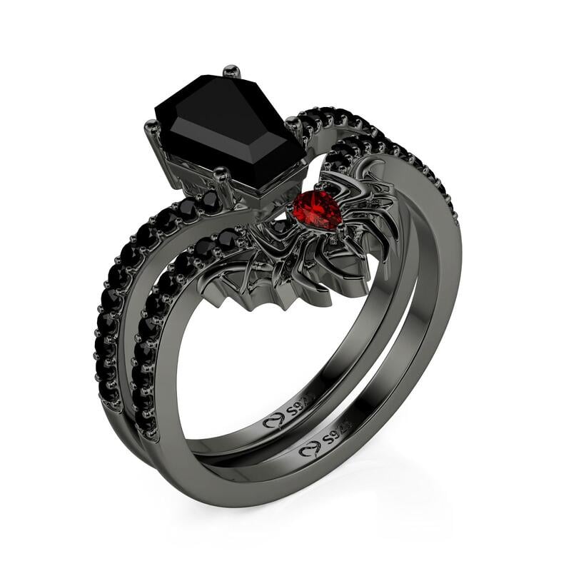 Jeulia Gothic Black Spider Coffin Cut Engagement Ring Set - Jeulia Jewelry