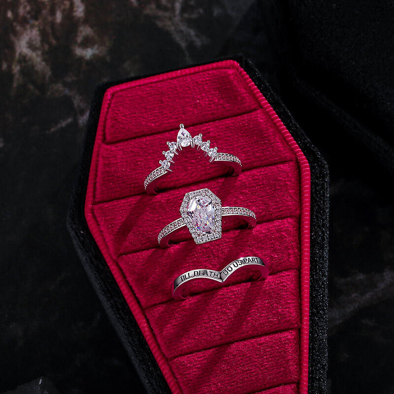 Jeulia Gothic Coffin Cut Halo Engagement Ring Set 3PCS - Jeulia Jewelry
