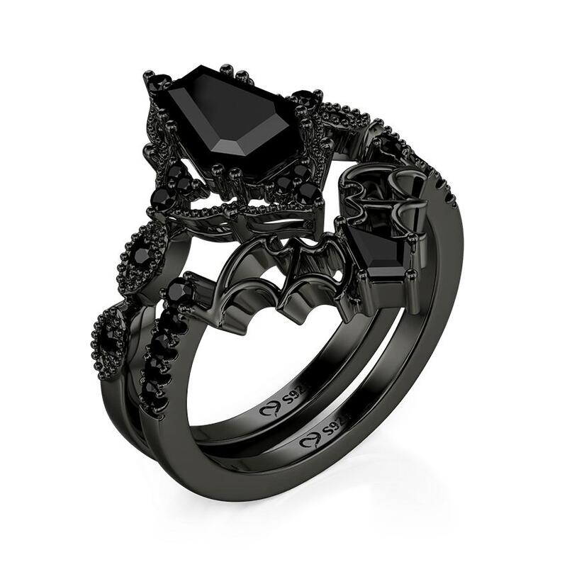 Jeulia Gothic Black Bat Wings Coffin Ring Set - Jeulia Jewelry