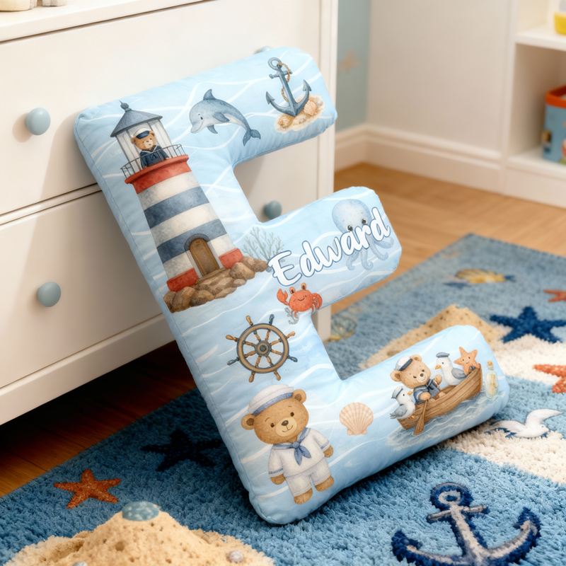 Personalized Letter-Shaped Pillow Captain Bear Lighthouse Design Cute ...
