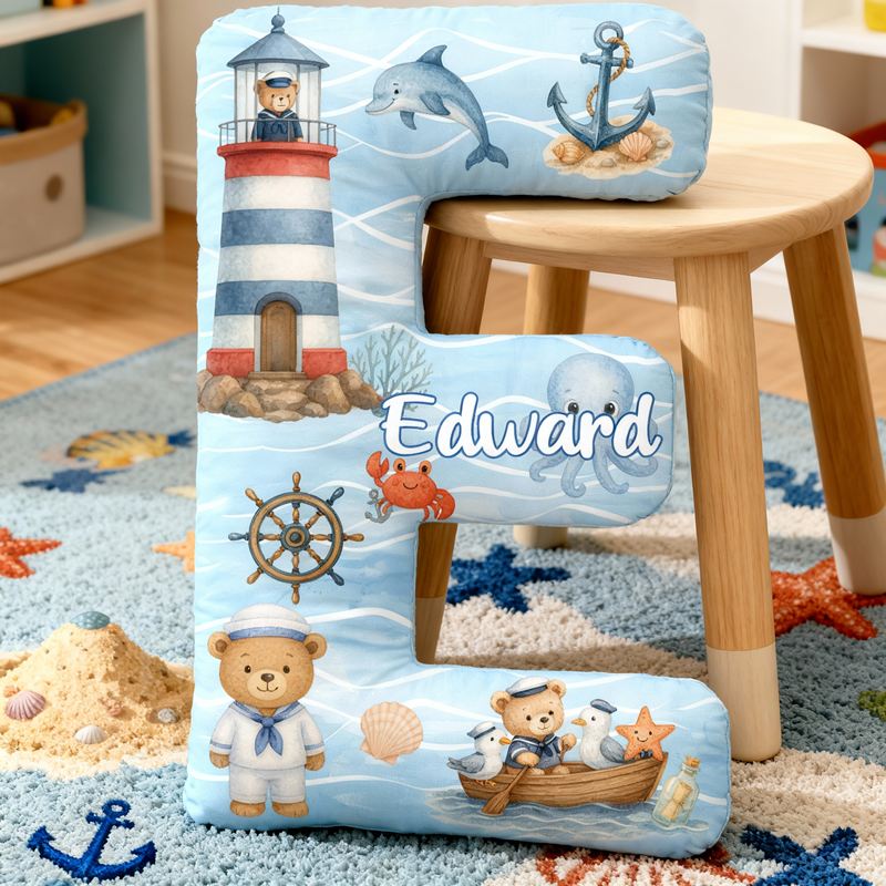 Personalized Letter-Shaped Pillow Captain Bear Lighthouse Design Cute ...